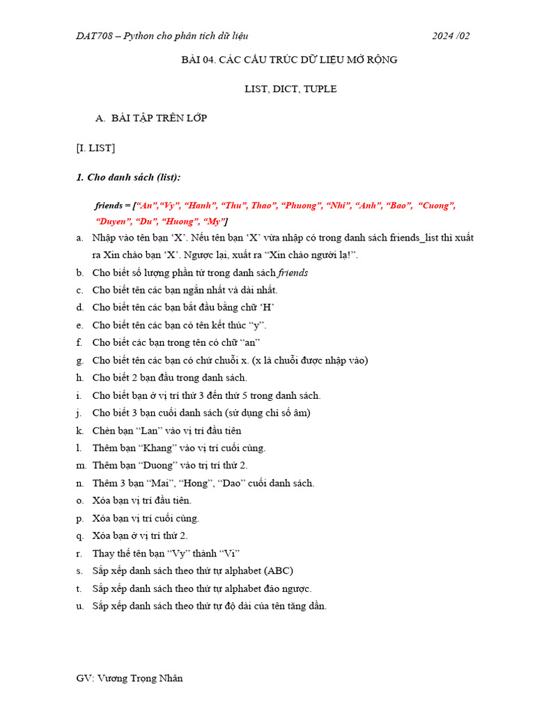 BT 05 List Tuple Dict | PDF