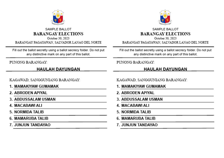 Barangay Election Sample Ballot 2023 | PDF