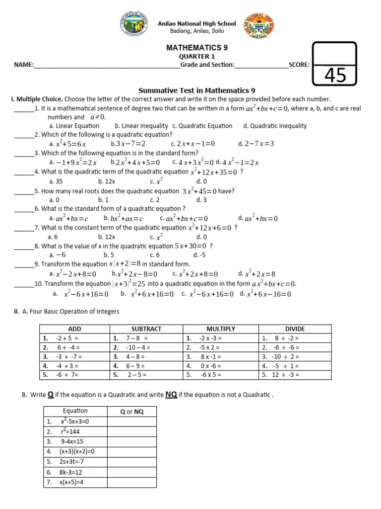 Final Exam Math Pdf Equations Quadratic Equation 