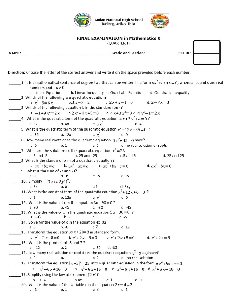 Final FINAL Exam Math (Repaired) | PDF | Equations | Quadratic Equation