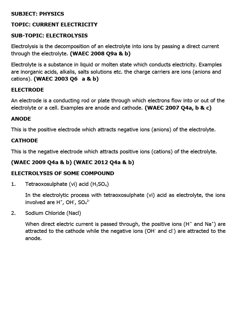 NOTE ON ELECTROLYSIS | PDF | Electrolyte | Ion