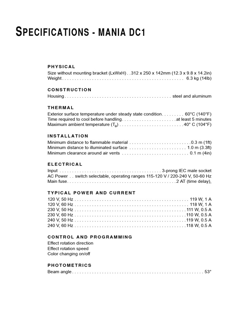 Mania dc1 Spec | PDF | Electrical Components | Electricity
