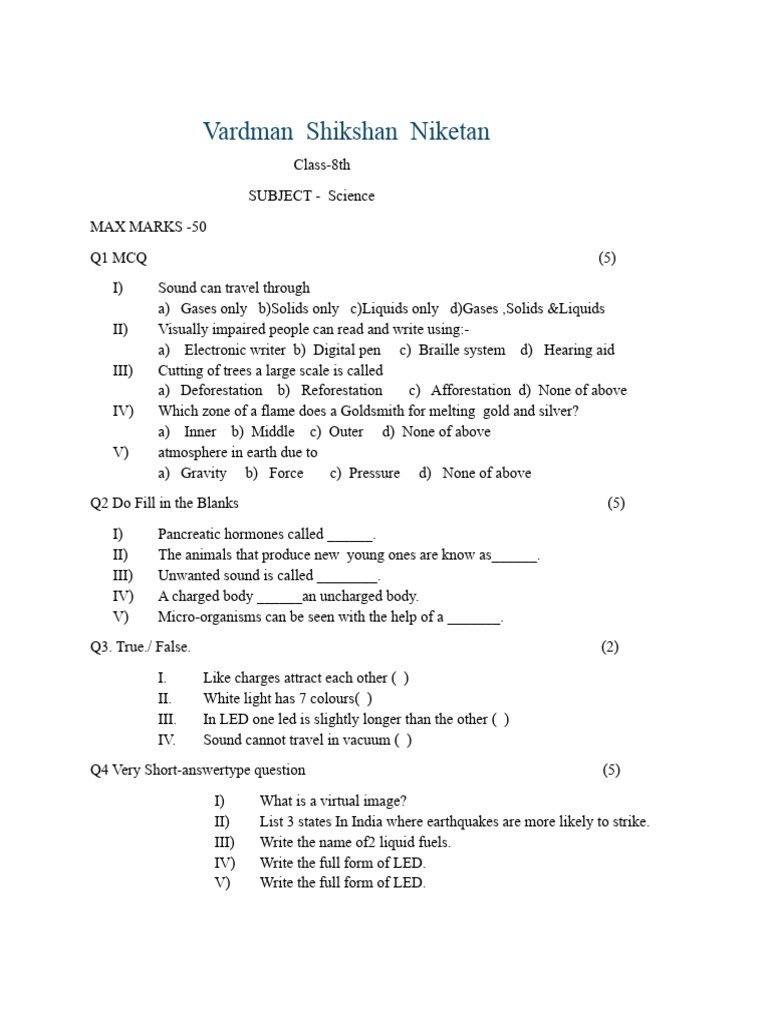 Class 8 Science Exam Question Paper | PDF | Sound | Liquids