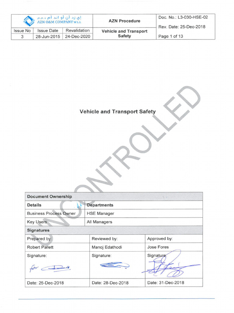 L3-030-HSE-02 Vehicle and Transport Safety. | Download Free PDF ...