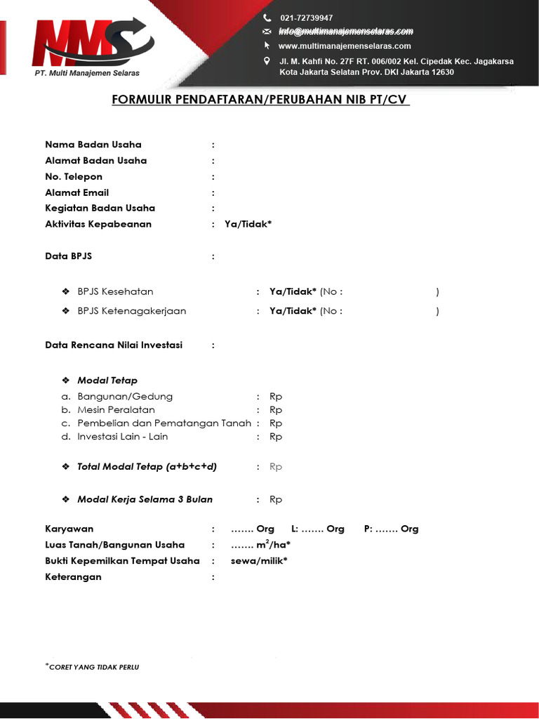 Mms Form Pendaftaran & Perubahan Nib | PDF
