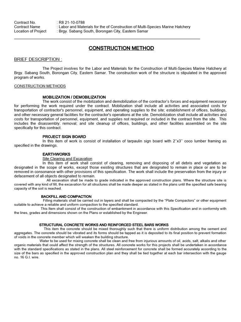 CONSTRUCTION METHOD Hatchery | PDF | Concrete | Pipe (Fluid Conveyance)