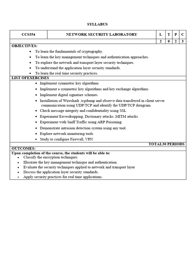 Network Security Laboratory Syllabus | PDF | Encryption | Key (Cryptography)