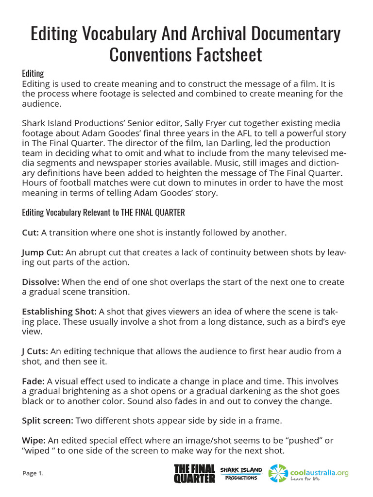 TFQ Editing Vocabulary and Archival Documentary Conventions Factsheet | PDF | Documentary Film