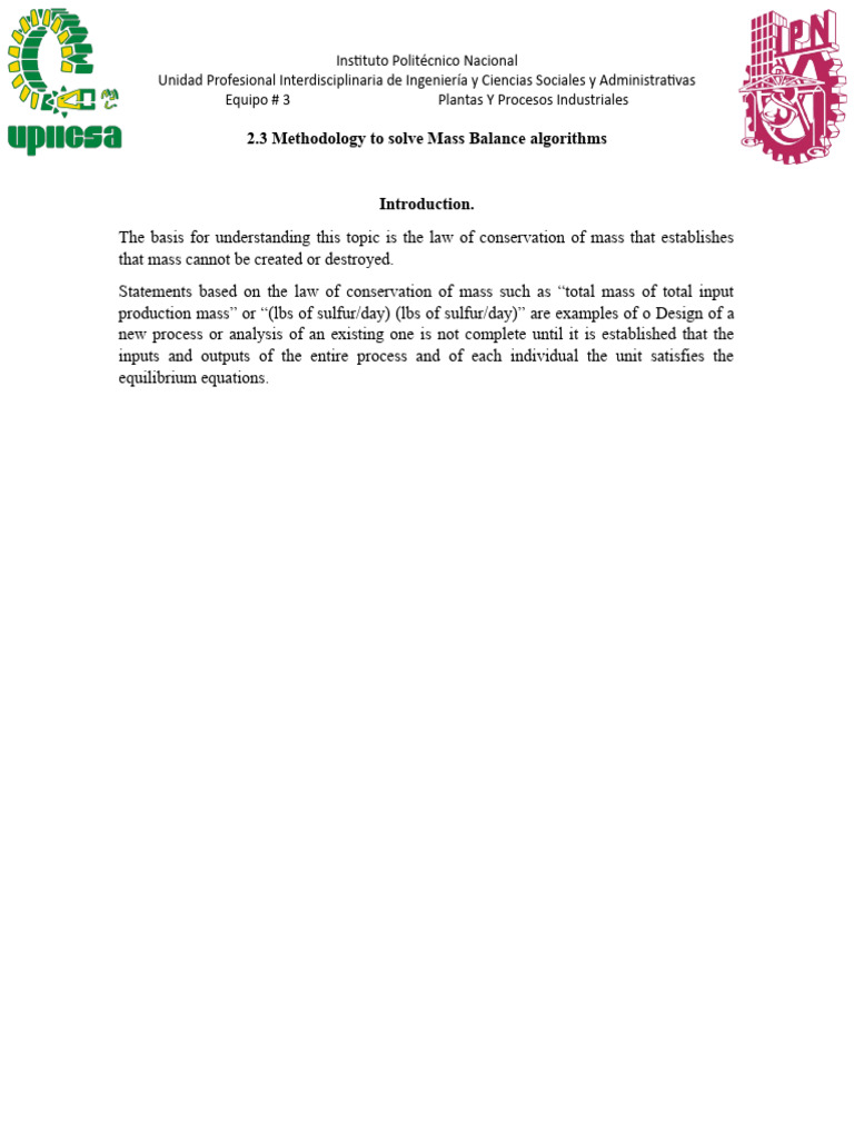 Mass Balance Methodology in Processes | PDF | Equations | Mole (Unit)