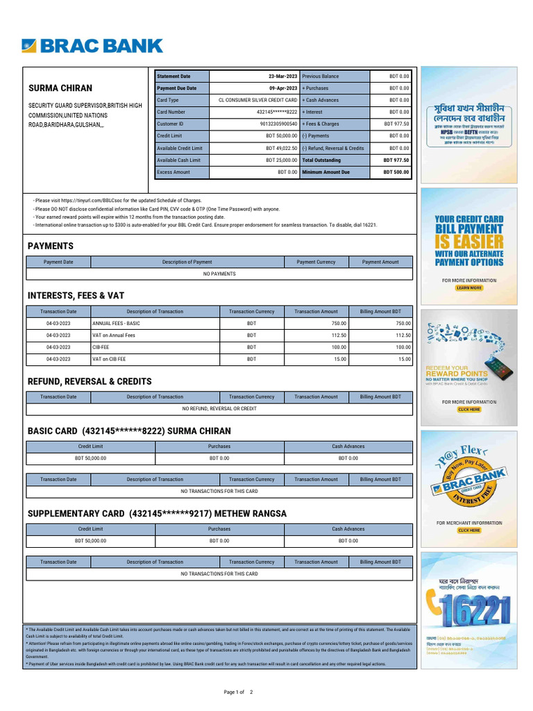 BRAC Bank Credit Card Statement Overview | PDF | Credit Card | Cash