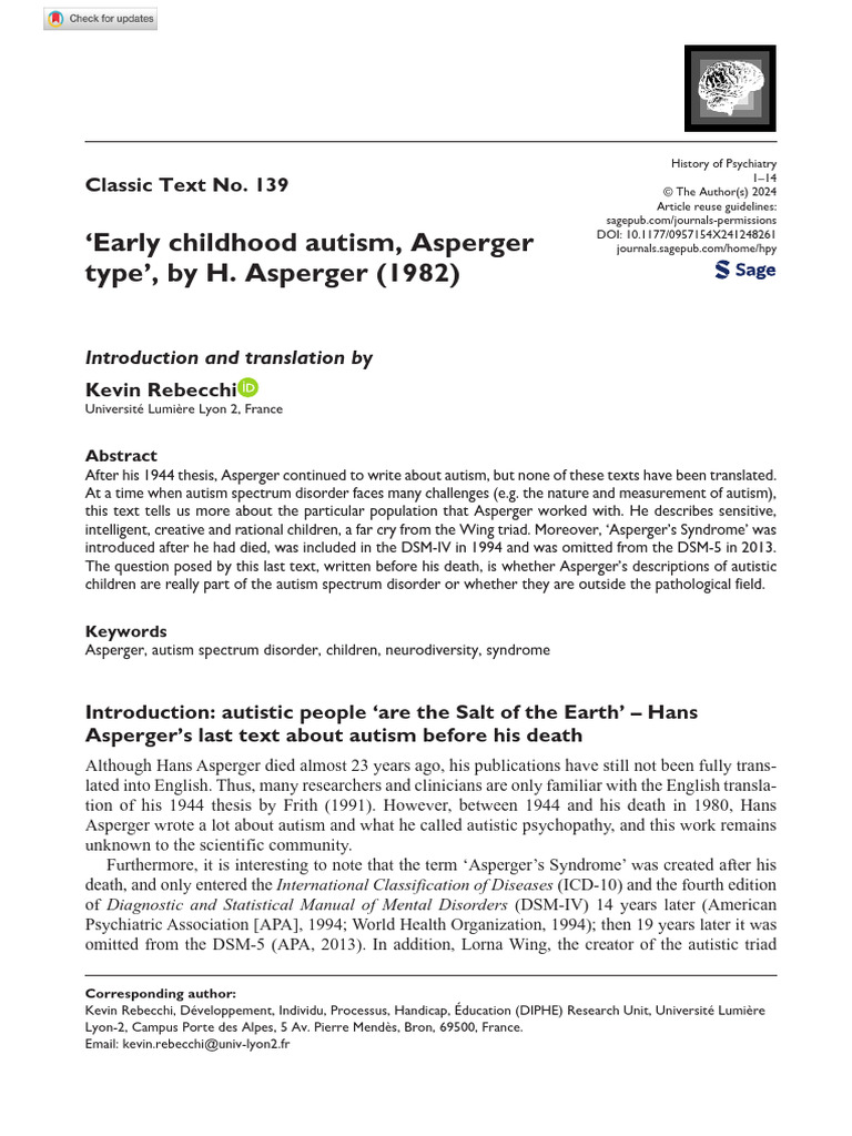 rebecchi-2024-early-childhood-autism-asperger-type-by-h-asperger-(1982) | PDF | Autism Spectrum ...