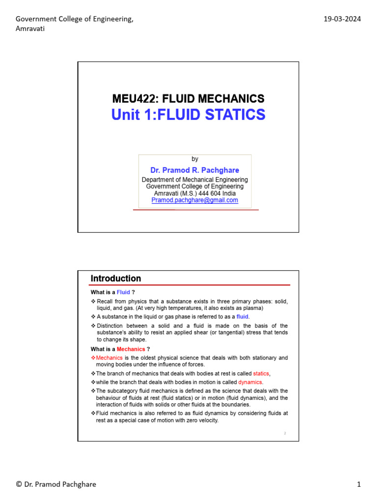 Unit 1:fluid Statics Unit 1:fluid Statics: Meu422: Fluid Mechanics Meu422: Fluid Mechanics | PDF ...