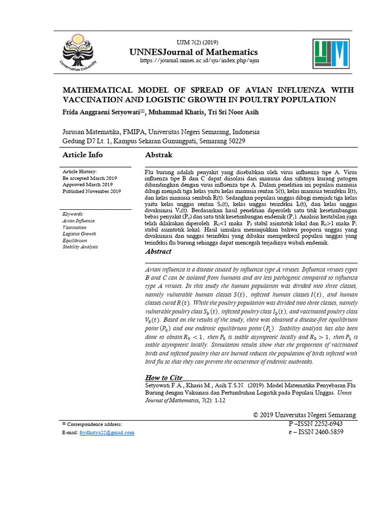 Mathematical Model of Spread of Avian Influenza With Vaccination and ... Mathematical Model of Spread of Avian Influenza With Vaccination and ...