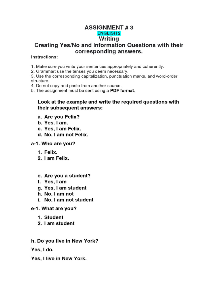 ASSIGNMENT # 3 ENGLISH 2 Writing Creating YesNo and Information ...