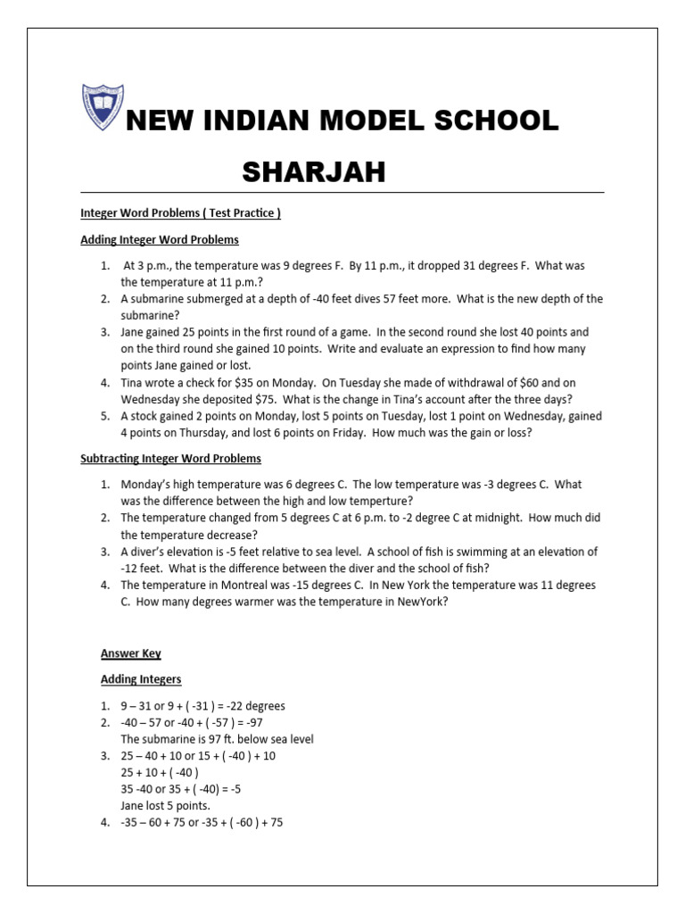 Integer Word Problems - Test Practice | PDF