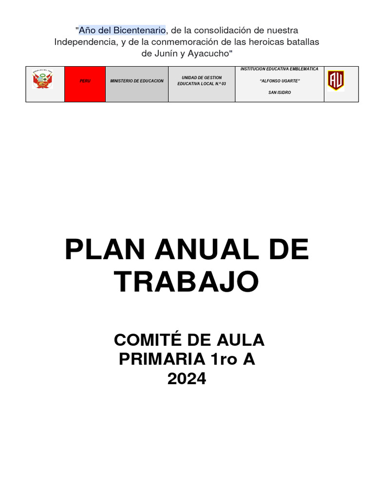 Plan de Trabajo Comité Aula 1ro A 2024 | PDF | Salón de clases | Maestros