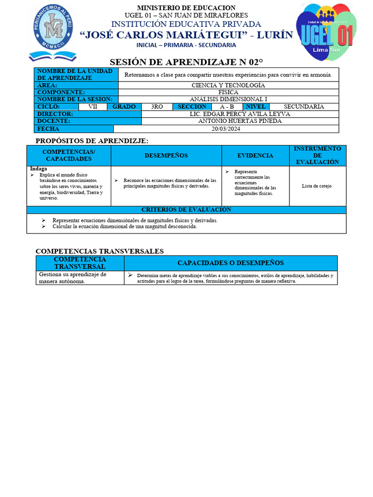 SESIÓN DE APRENDIZAJE N°2 - 3RO - ANÁLISIS DIMENSIONAL I | PDF | Aprendizaje | Evaluación