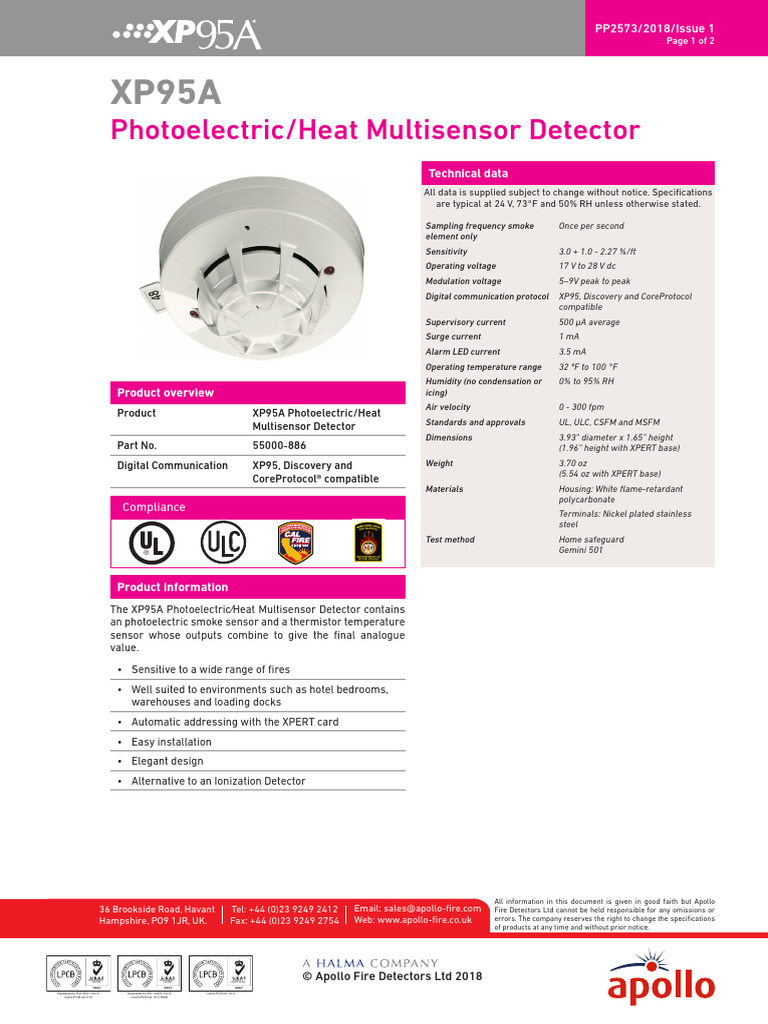 PP2573 XP95A Photoelectric - Heat Multisensor Detector | PDF | Sensor | Combustion