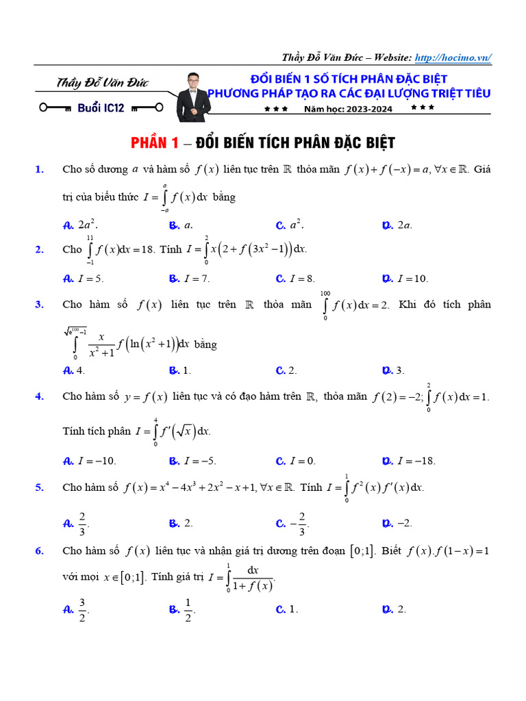 C12 - Đổi biến một số tích phân đặc biệt - Tích phân từng phân tạo ra các đại lượng triệt tiêu | PDF