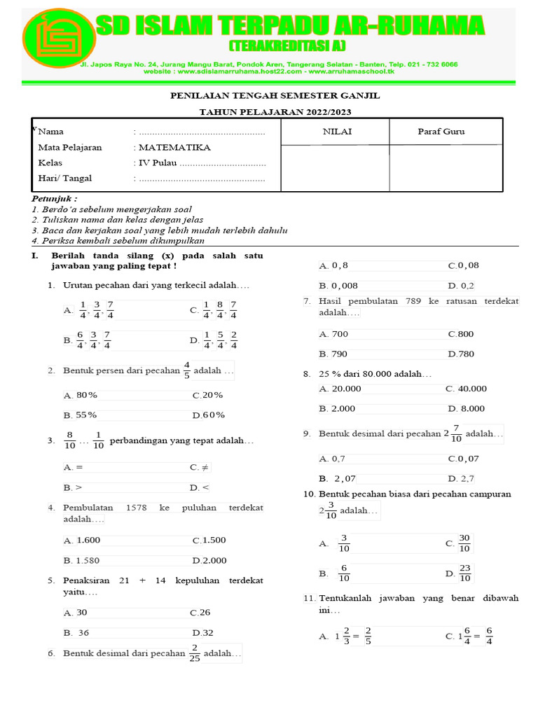 Pts Ganjil Matematika Kelas 4 2022-2023 | PDF
