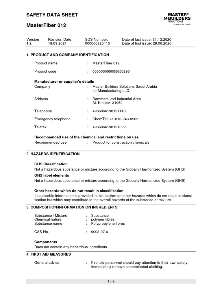 MasterFiber 012 safety data sheet | PDF | Occupational Safety And ...