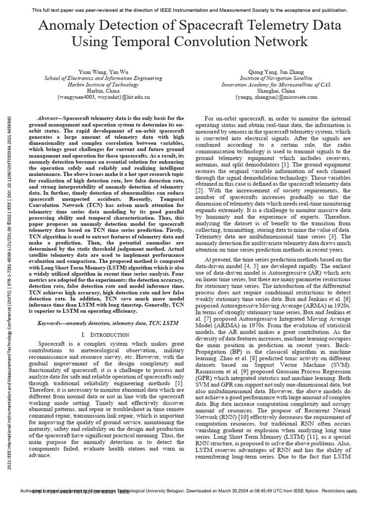 Anomaly Detection of Spacecraft Telemetry Data Using Temporal Convolution Network | PDF | Time ...