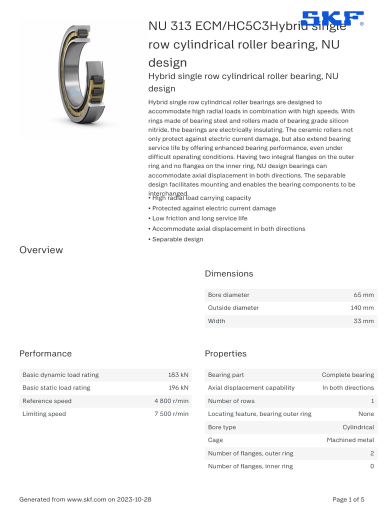 SKF NU 313 ECM - HC5C3Hybrid Single Row Cylindrical Roller Bearing NU Design Specification | PDF ...