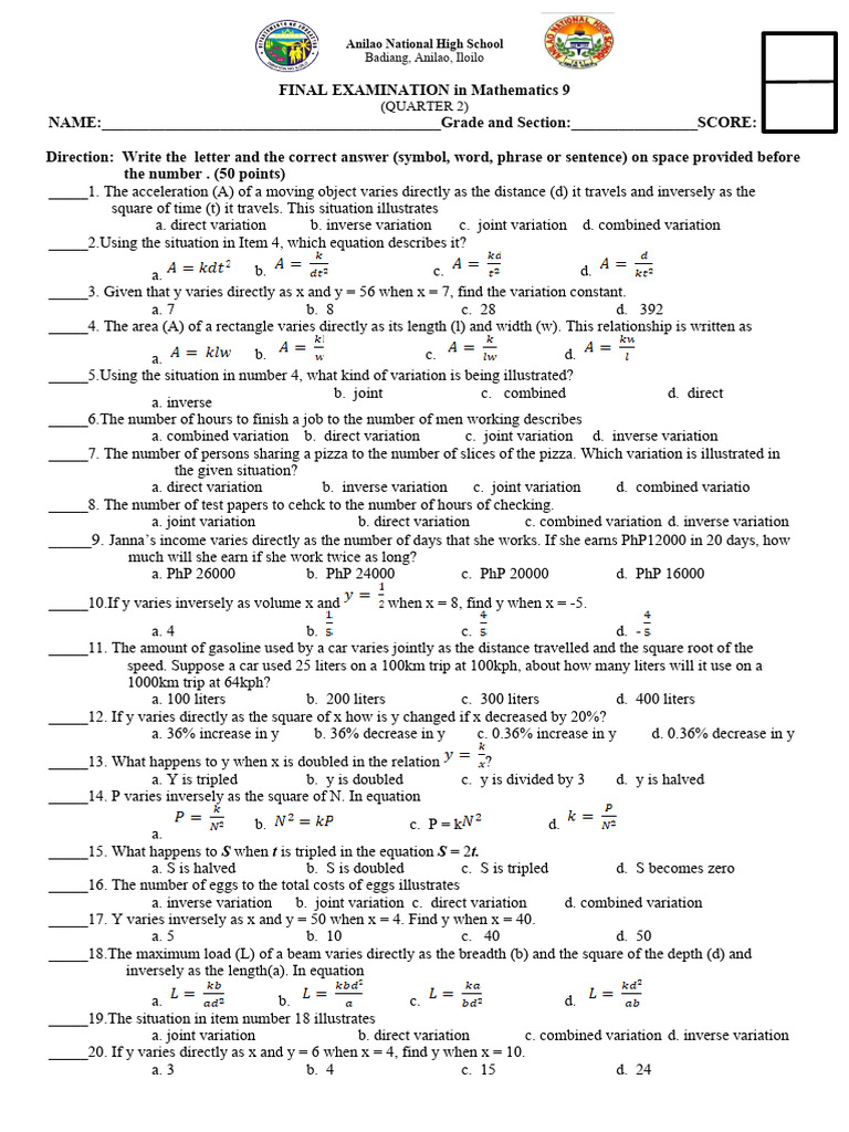 Final FINAL Exam Math Q2 | PDF | Mathematics | Mathematical Concepts