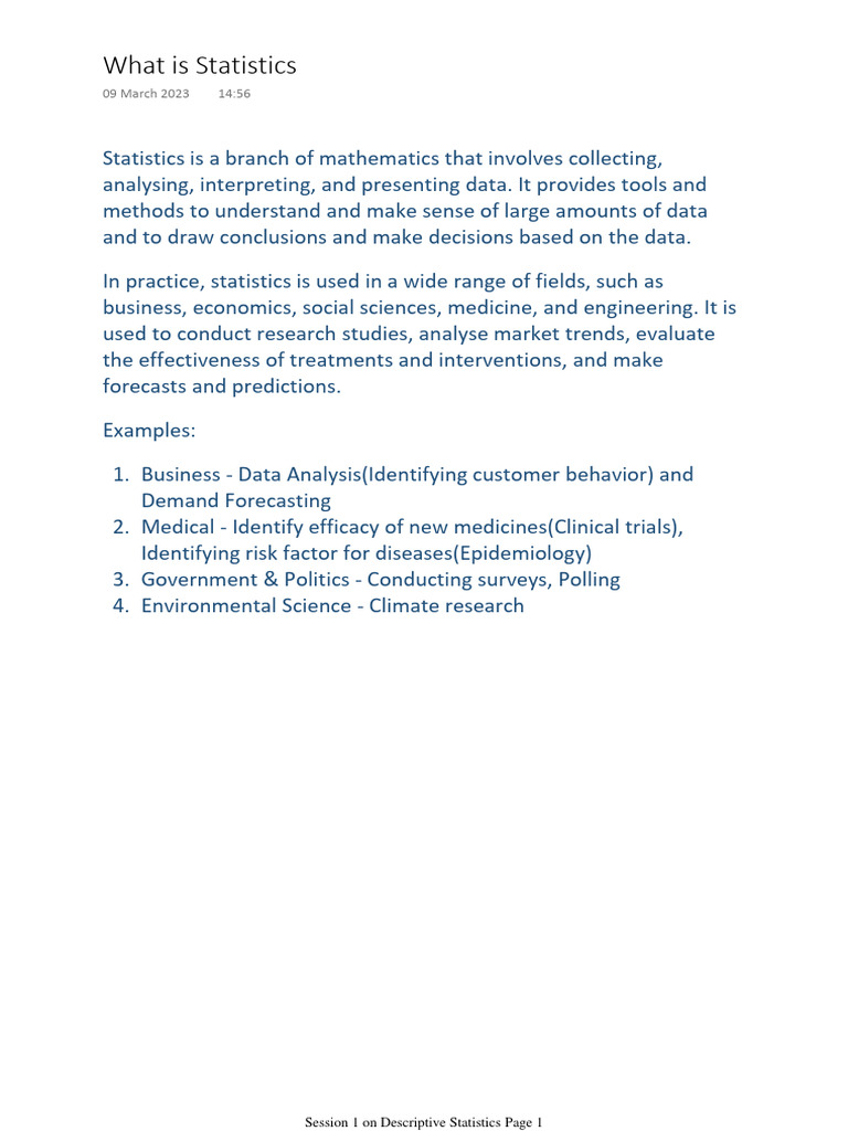 Session 1 On Descriptive Statistics | PDF | Statistics | Coefficient Of Variation