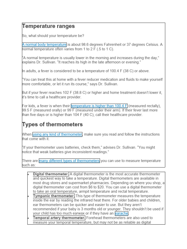 Temperature Ranges | PDF | Thermometer | Fever