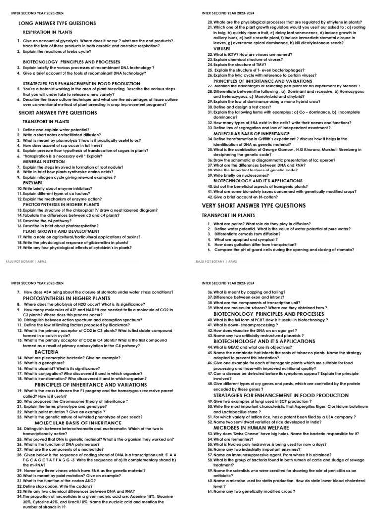 Botany II Year Impq For 2023-2024 | PDF | Nucleic Acids | Nucleic Acid Sequence