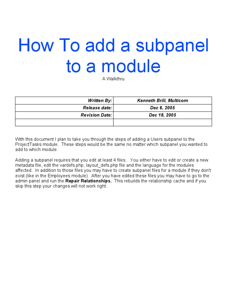 Sugarcrm Edit Or Create Subpanels Pdf Array Data Type Array Data Structure 4586