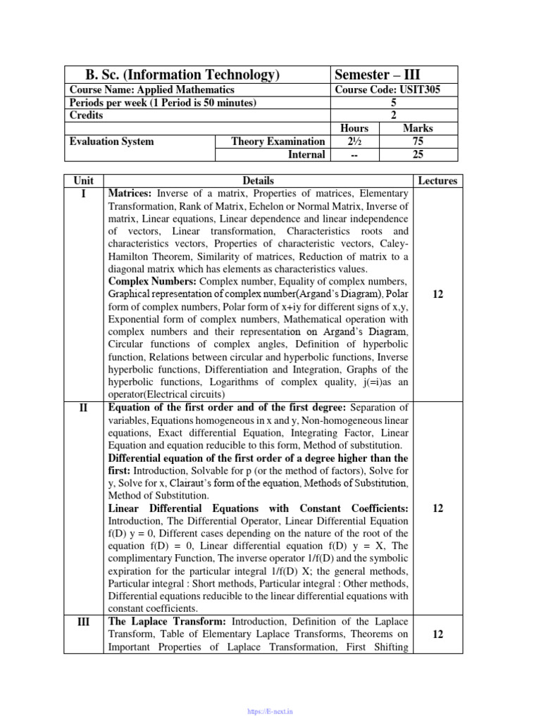 AM Syllabus Mumbai University BSC It | PDF | Matrix (Mathematics) | Laplace Transform