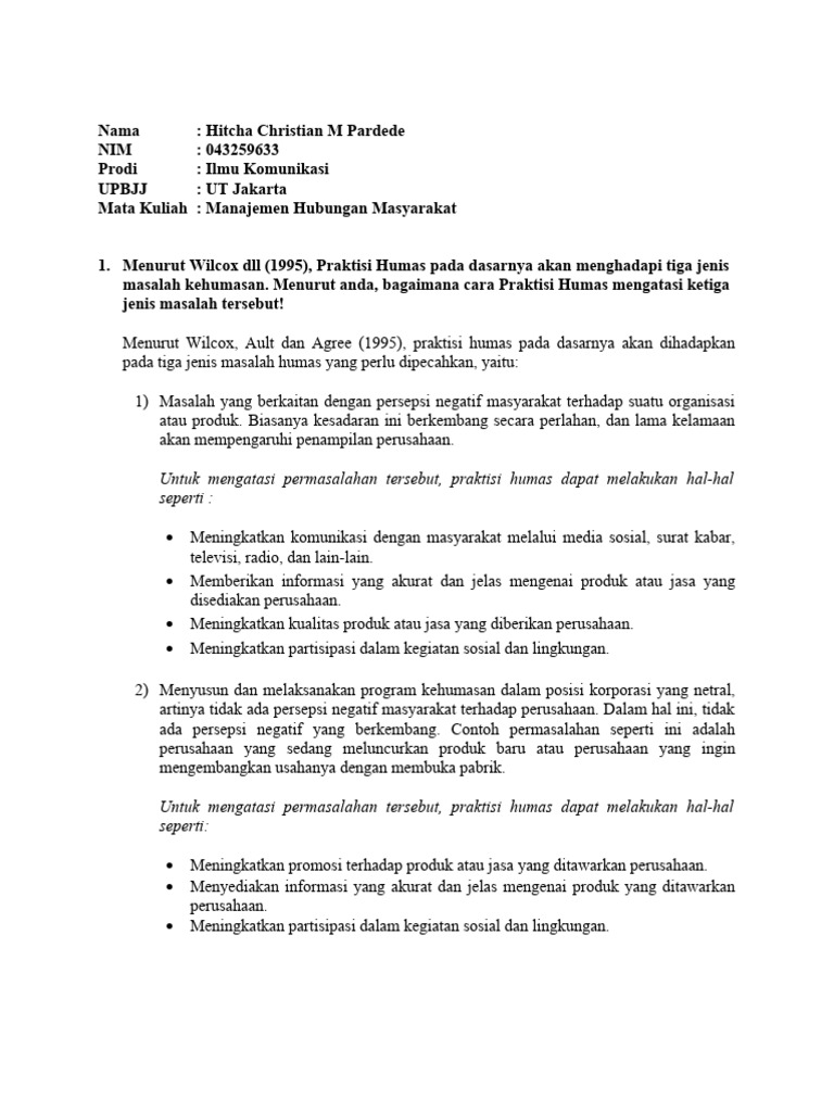 Tugas 2 SKOM4327 Manajemen Hubungan Masyarakat Hitcha Christian M ...