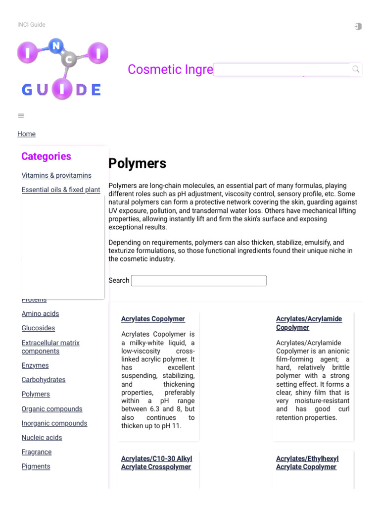 Polymers _ INCI Guide | PDF | Emulsion | Polymers