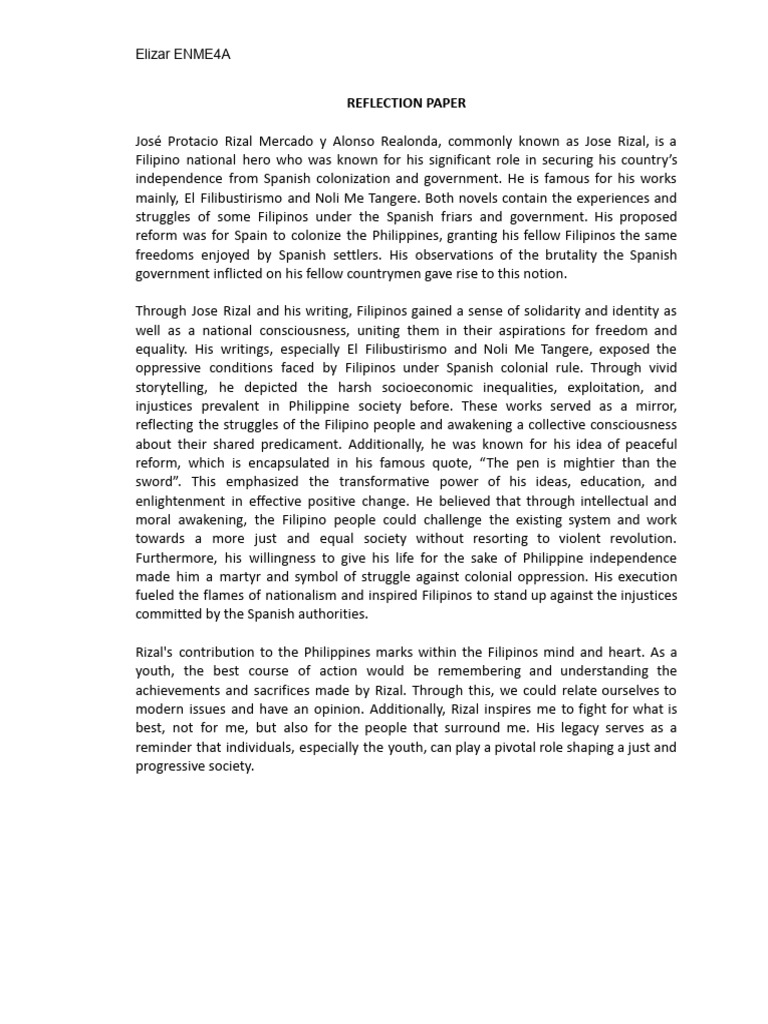 Reflection Paper On Life and Works of Rizal | PDF | Philippines