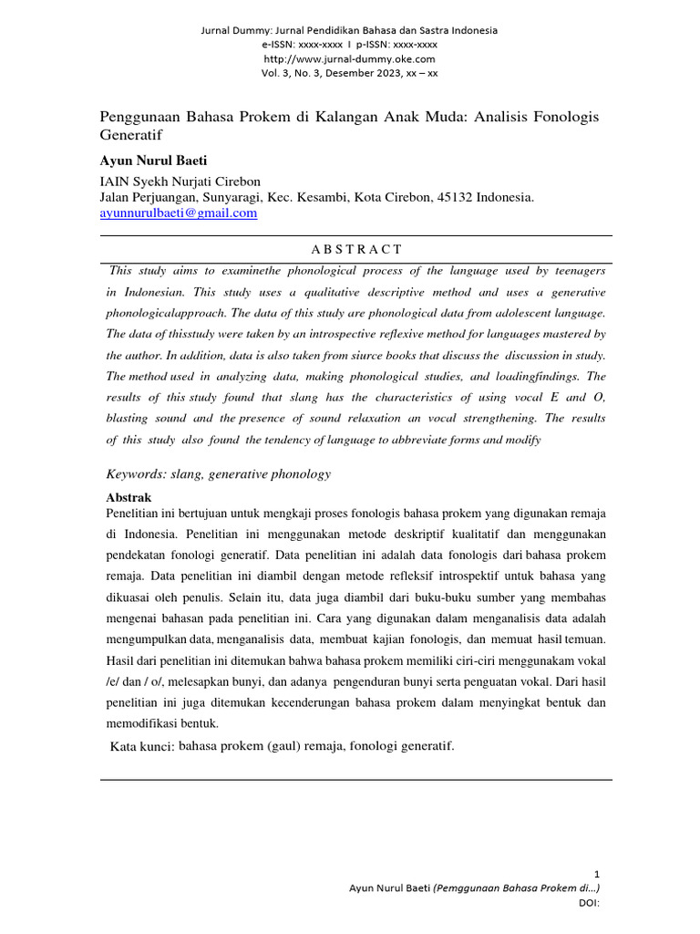 Penggunaan Bahasa Prokem Di Kalangan Anak Muda: Analisis Fonologis Generatif | PDF | Seni ...