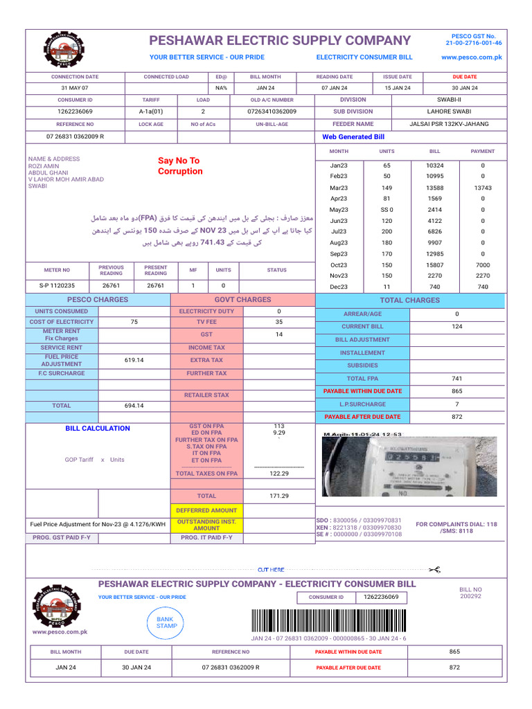 Pesco Online Bill | PDF | Taxes | Fee