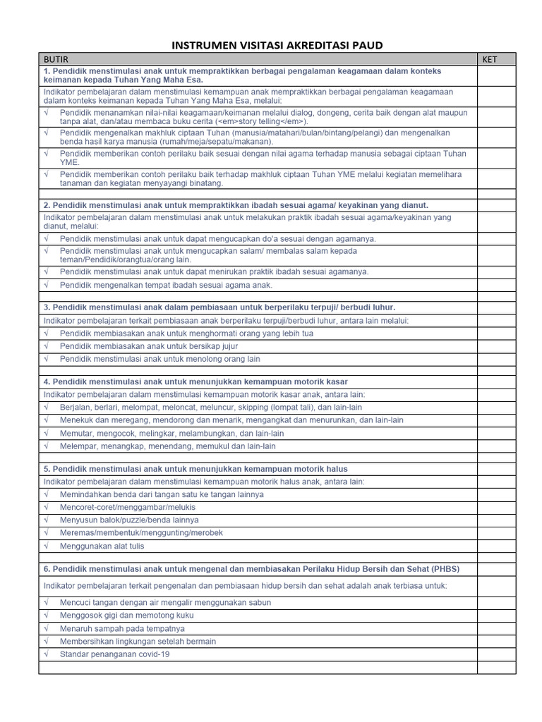 Instrumen Visitasi Akreditasi Paud | PDF