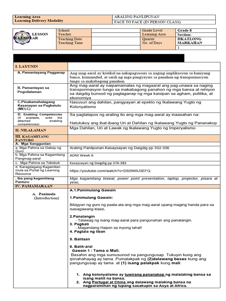 Araling Panlipunan Lesson Exemplar Quarter 3 | PDF