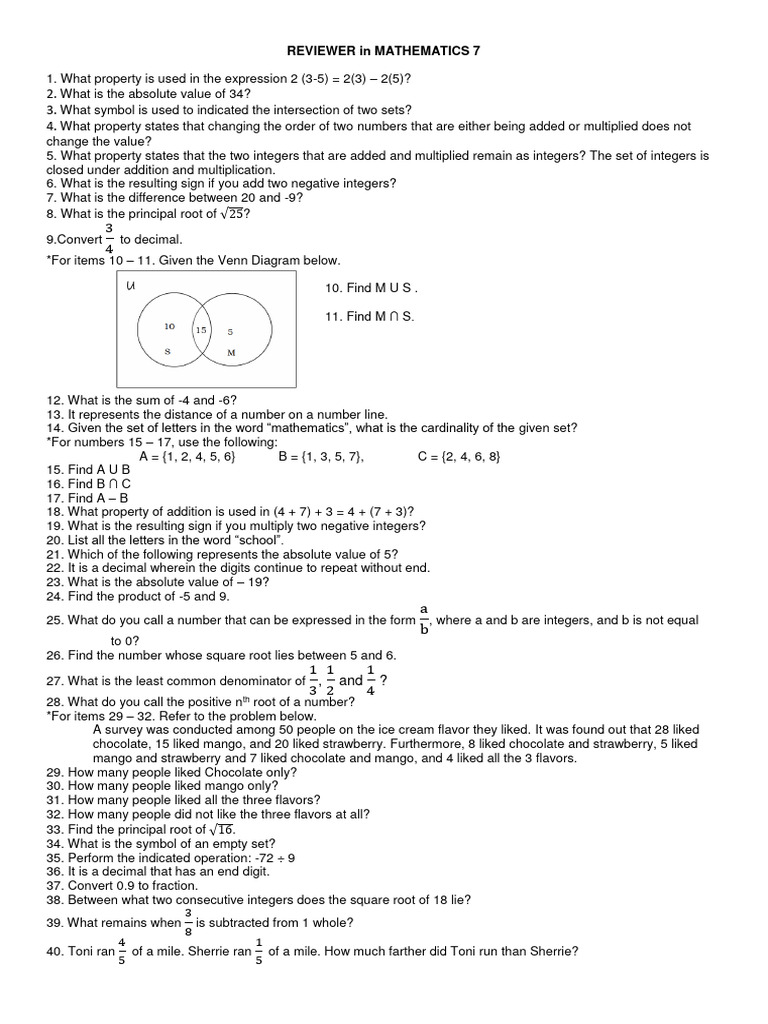 REVIEWER in MATHEMATICS 7Q1 | PDF | Multiplication | Numbers