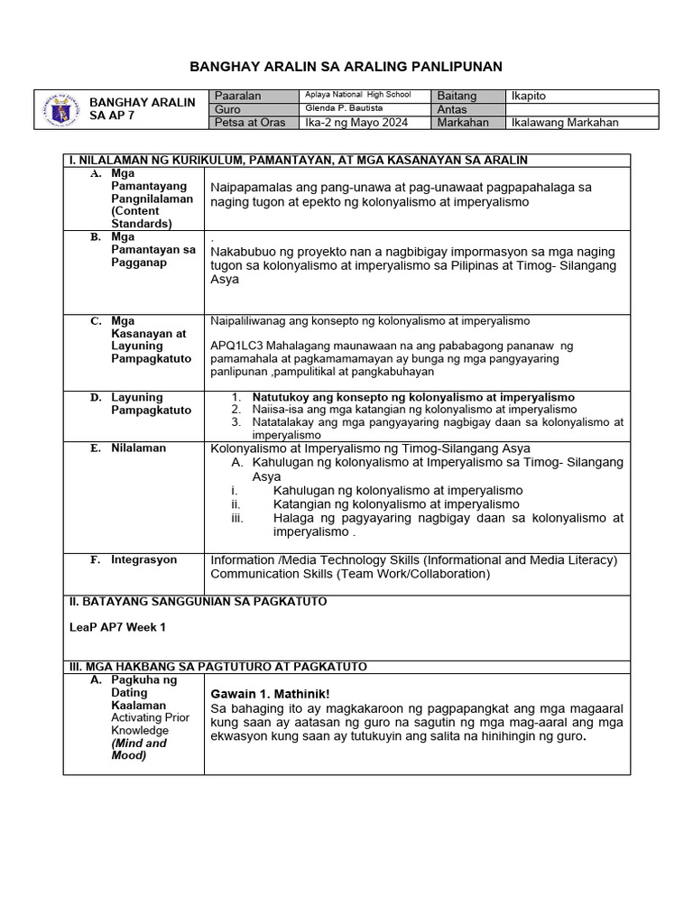 MATATAG Banghay Aralin Sa Araling Panlipunan 7 | PDF