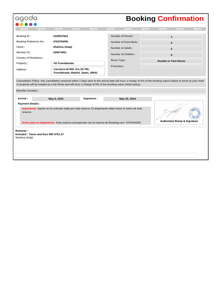 Confirmation For Booking ID # 1228537661 | PDF