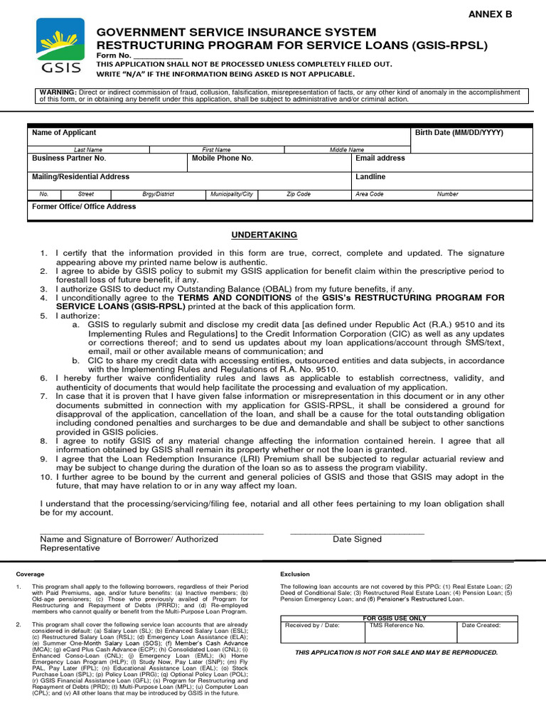 Annex B Application Form For GSIS - RPSL - 22 - May - 2023 907am | PDF ...