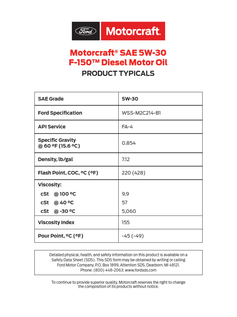 Product Data Sheet 5W30 F150 Diesel | PDF