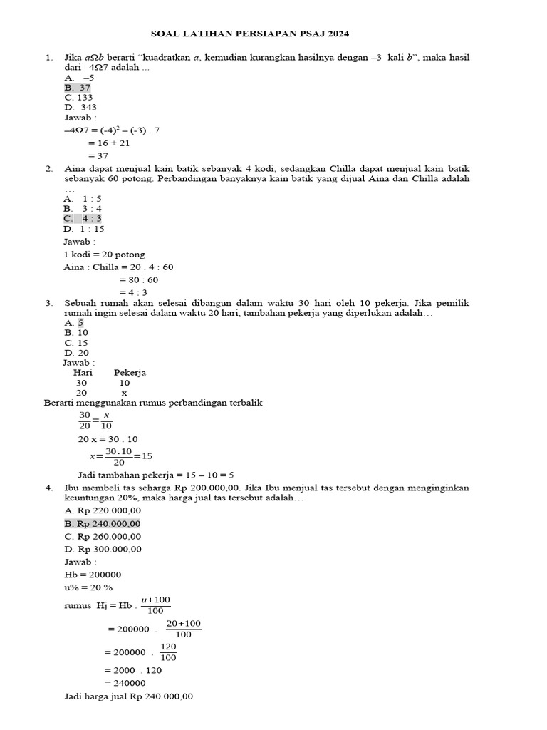 Soal Latihan Persiapan PSAJ 2024 | PDF