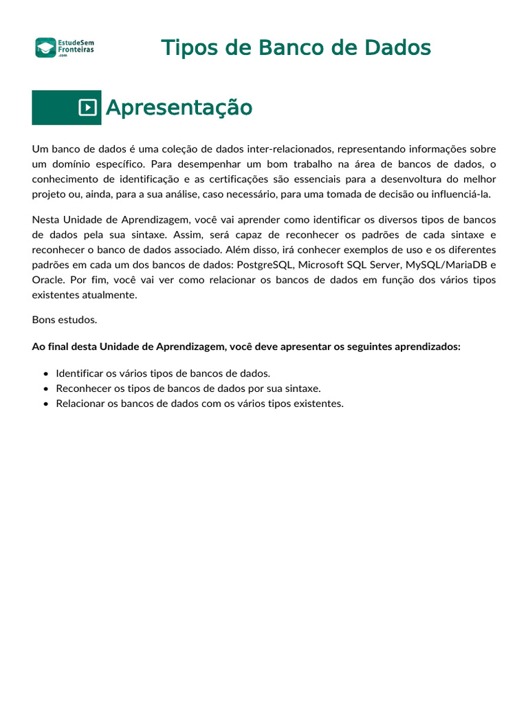 Aula 02 - Tipos de Banco de Dados Pós - 2 - 1 | PDF | SQL | Postgre SQL