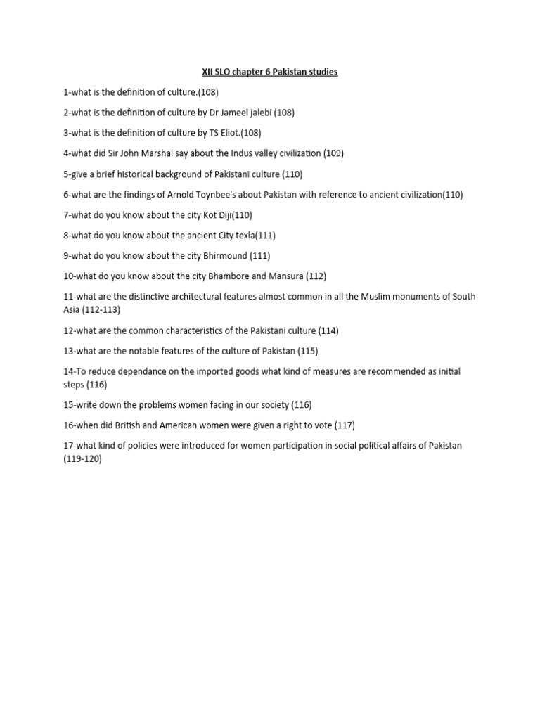 XII SLO Chapter 6 Pakistan Studies | PDF