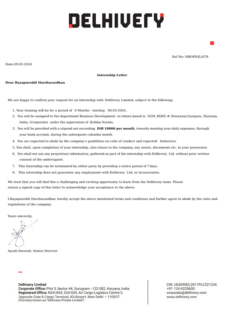 Delhivery Internship Confirmation Letter | PDF