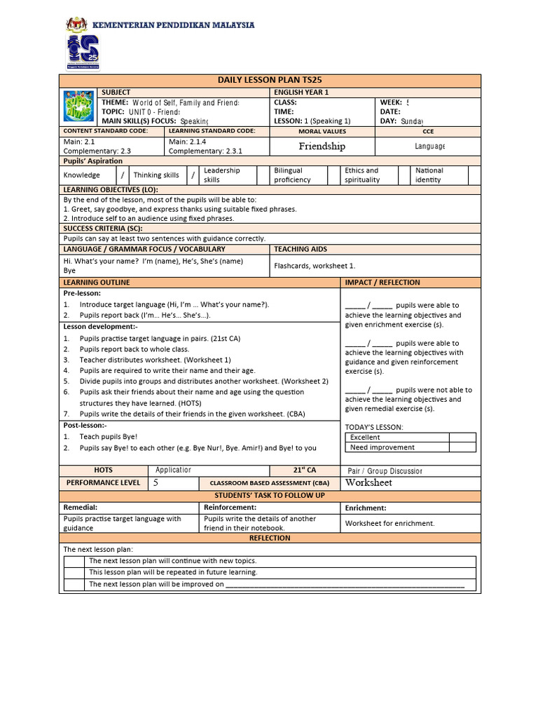 Bi Y1 LP Ts25 (Unit 0 LP 1-17) e | PDF | Lesson Plan | Teachers